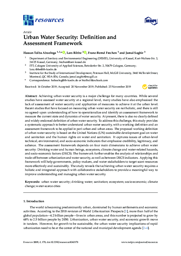 (PDF) Urban Water Security: Definition and Assessment Framework