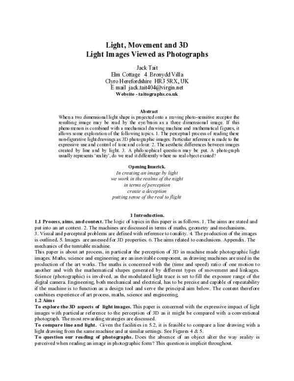 (PDF) Light, Movement and 3D - Light images Viewed as Photographs