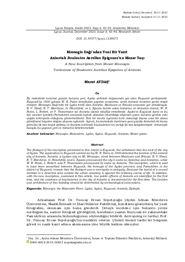 (PDF) Messogis Dağı'ndan Yeni Bir Yazıt. Aninetalı Bouleutes Aurelius ...
