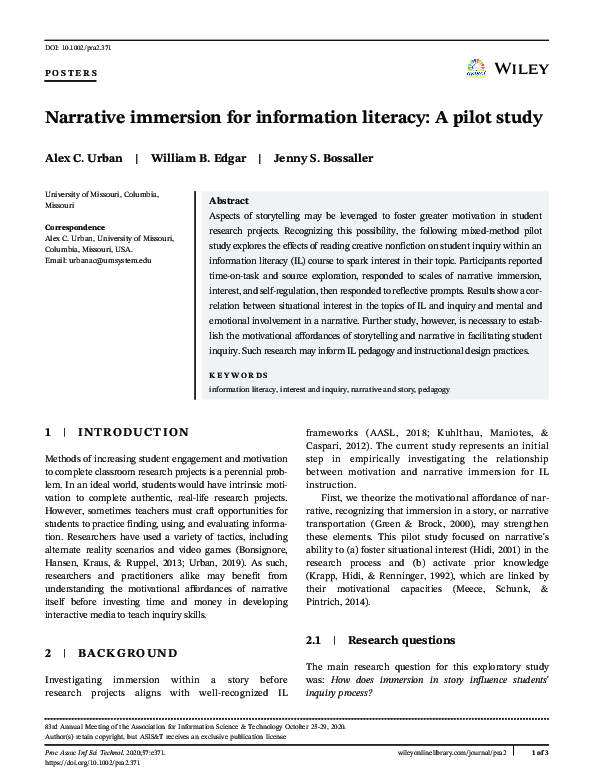 (PDF) Narrative immersion for information literacy: A pilot study