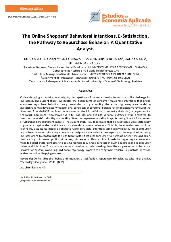 (PDF) The Online Shoppers’ Behavioral Intentions, E-Satisfaction, the ...