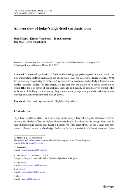 (PDF) An overview of today’s high-level synthesis tools