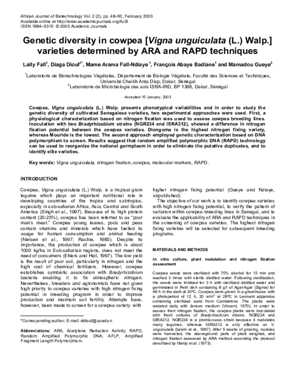 (PDF) Genetic diversity in cowpea [Vigna unguiculata (L.) Walp.] varieties determined by ARA and ...