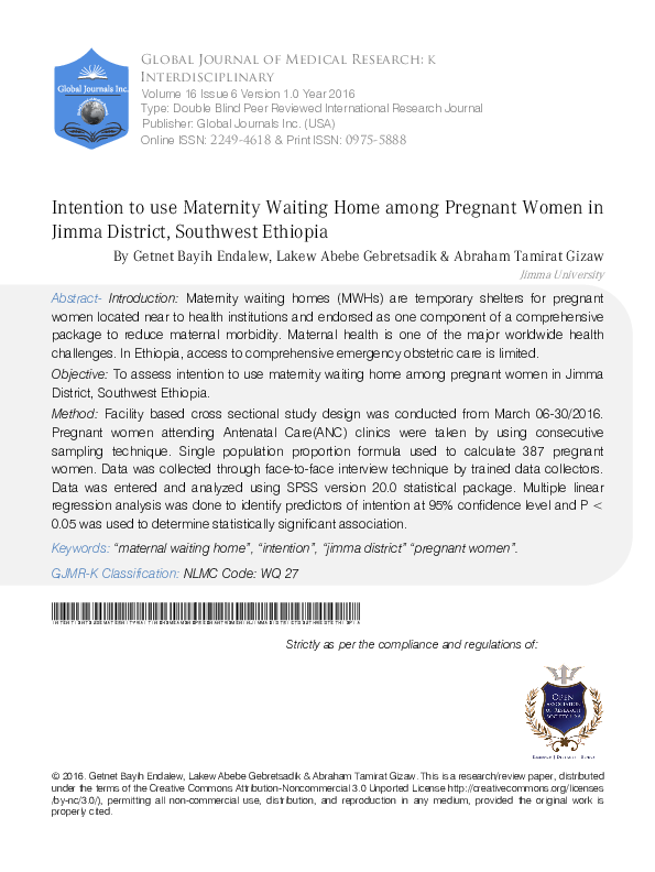 (PDF) Intention to use Maternity Waiting Home among Pregnant women in Jimma District, Southwest ...