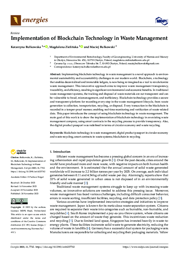(PDF) Implementation of Blockchain Technology in Waste Management