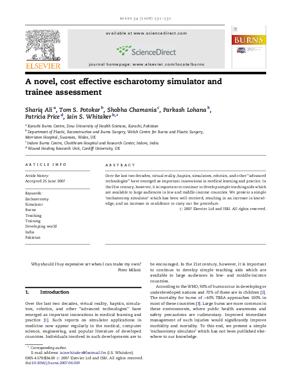 (PDF) A novel, cost effective escharotomy simulator and trainee assessment