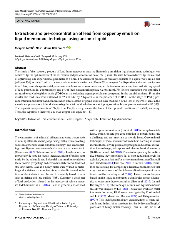 (PDF) Extraction and pre-concentration of lead from copper by emulsion ...