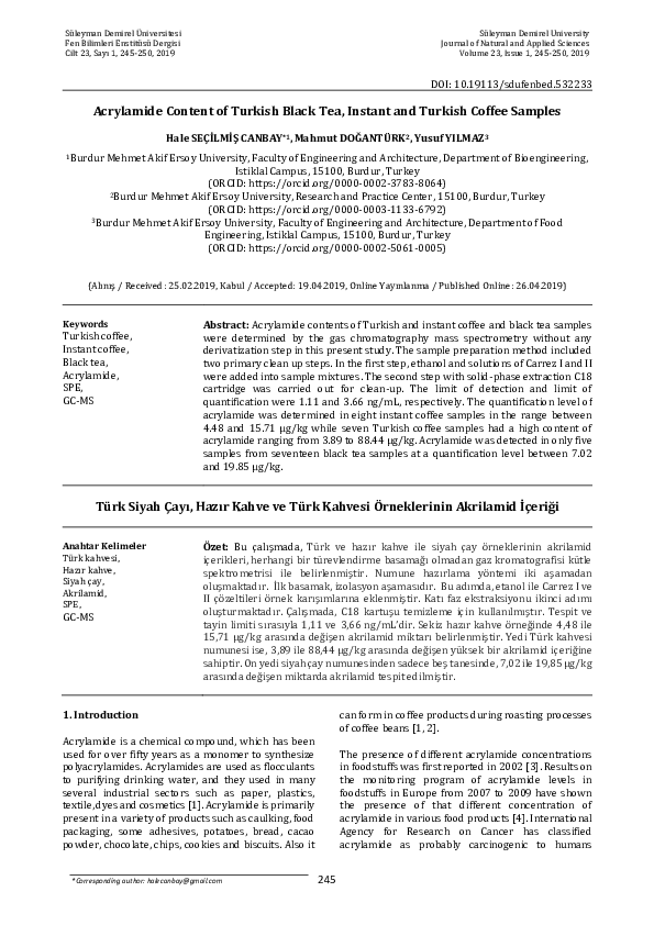 (PDF) Acrylamide Levels in Turkish Coffee and Tea