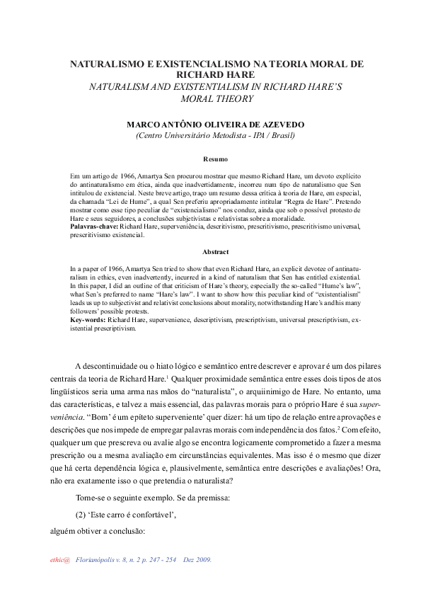 (PDF) Naturalismo e existencialismo na teoria moral de Richard Hare