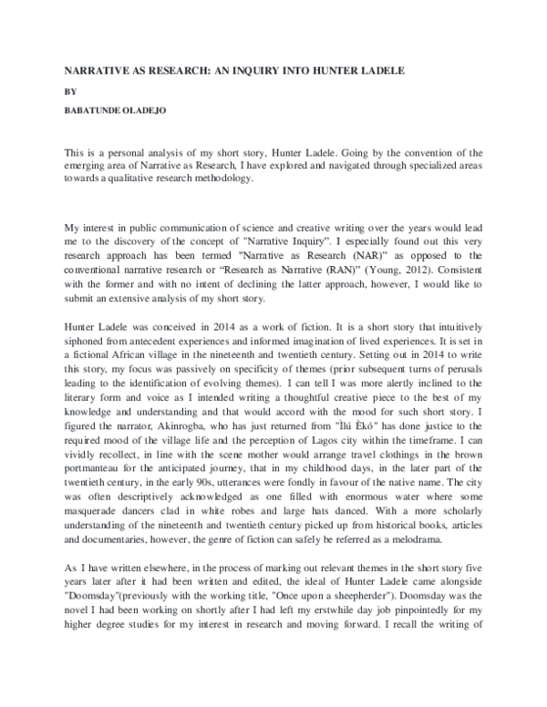 (PDF) NARRATIVE AS RESEARCH: AN INQUIRY INTO HUNTER LADELE