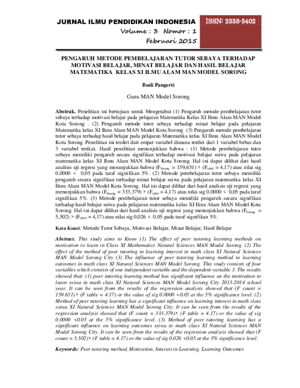 (PDF) Pengaruh Metode Pembelajaran Tutor Sebaya Terhadap Motivasi Belajar, Minat Belajar Dan ...