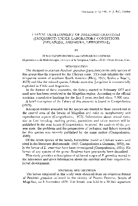(PDF) Larval Development of Paralomis Granulosa (Jacquinot) Under ...