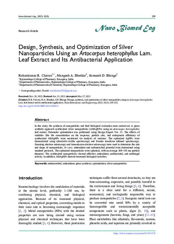 (PDF) Design, Synthesis, and Optimization of Silver Nanoparticles Using an Artocarpus ...