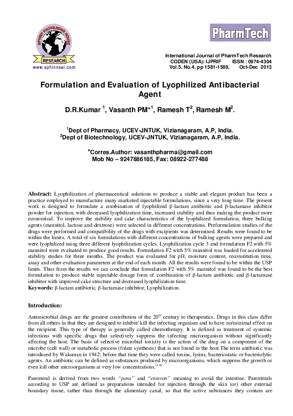 (PDF) Formulation and Evaluation of Lyophilized Antibacterial Agent