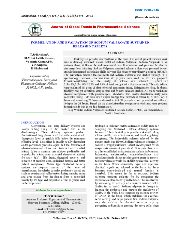Pdf Formulation And Evaluation Of Sodium Valproate Sustained Released Tablets