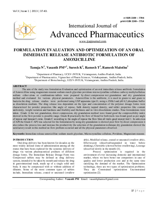 (PDF) FORMULATION EVALUATION AND OPTIMIZATION OF AN ORAL IMMEDIATE ...