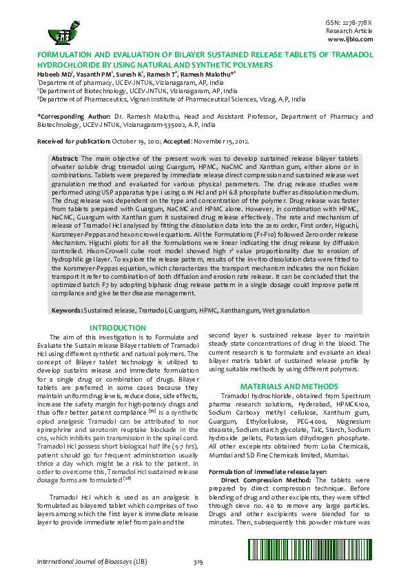 Pdf Formulation And Evaluation Of Bilayer Sustained Release Tablets Of Tramadol Hydrochloride