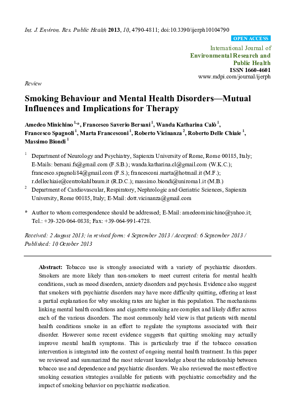 (PDF) Mutual Influences of Smoking and Mental Health Disorders