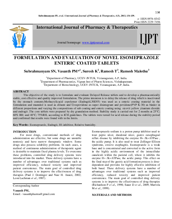 Pdf Formulation And Evaluation Of Novel Esomeprazole Enteric Coated Tablets