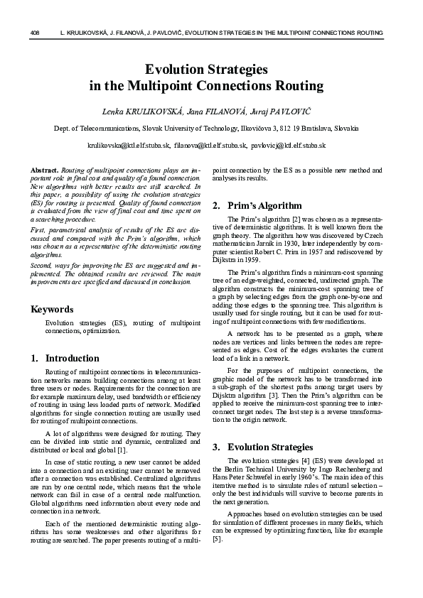 (PDF) Evolution Strategies in the Multipoint Connections Routing