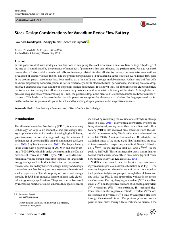 (PDF) Stack Design Considerations for Vanadium Redox Flow Battery