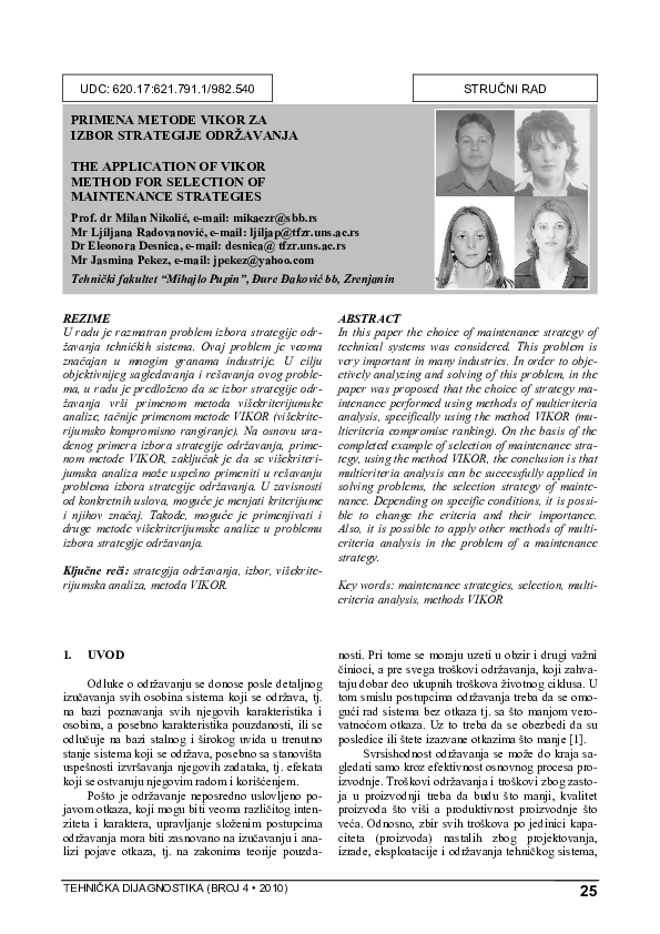 Pdf The Application Of Vikor Method For Selection Of Maintenance