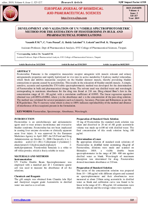 Pdf Uv Spectrophotometric Method For Fesoterodine