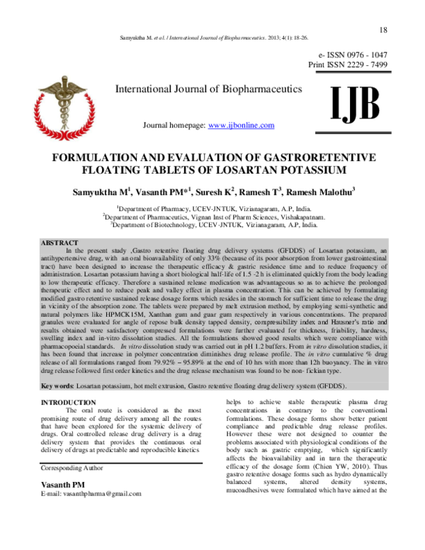 Pdf Formulation And Evaluation Of Gastroretentive Floating Tablets Of Losartan Potassium