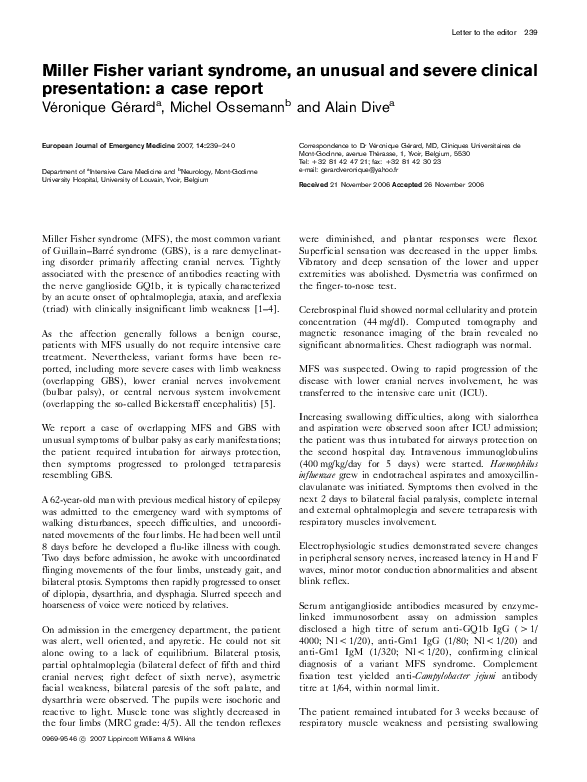 (PDF) Miller Fisher variant syndrome, an unusual and severe clinical ...