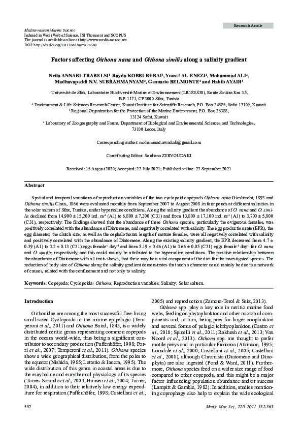 (PDF) Factors affecting Oithona nana and Oithona similis along a salinity gradient | Habib Ayadi ...