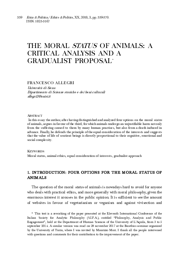 (PDF) The Moral Status of Animals. A Critical Analysis and a Gradualist ...
