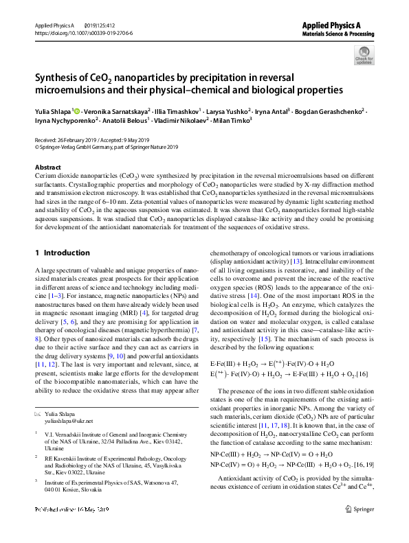 (PDF) Synthesis of CeO2 nanoparticles by precipitation in reversal microemulsions and their ...