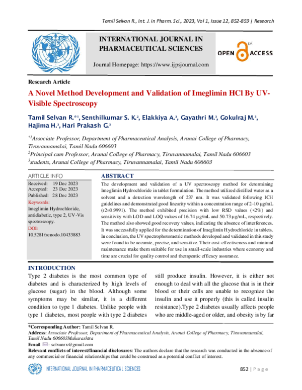(PDF) A Novel Method Development and Validation of Imeglimin HCl By UV Visible Spectroscopy