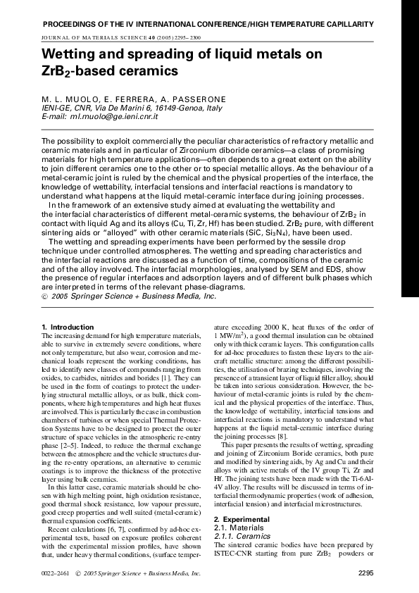 (PDF) Wetting and spreading of liquid metals on ZrB2-based ceramics