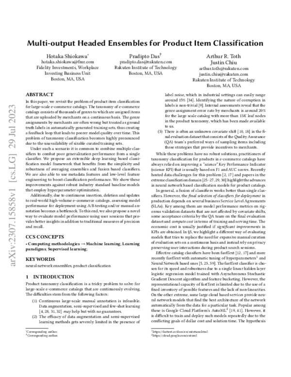 (PDF) Multi-output Headed Ensembles for Product Item Classification