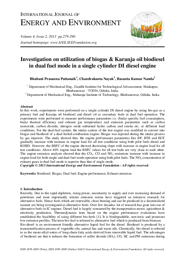 (PDF) Investigation on utilization of biogas & Karanja oil biodiesel in ...