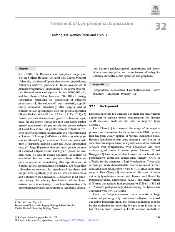 (PDF) Treatment of Lymphedema: Liposuction