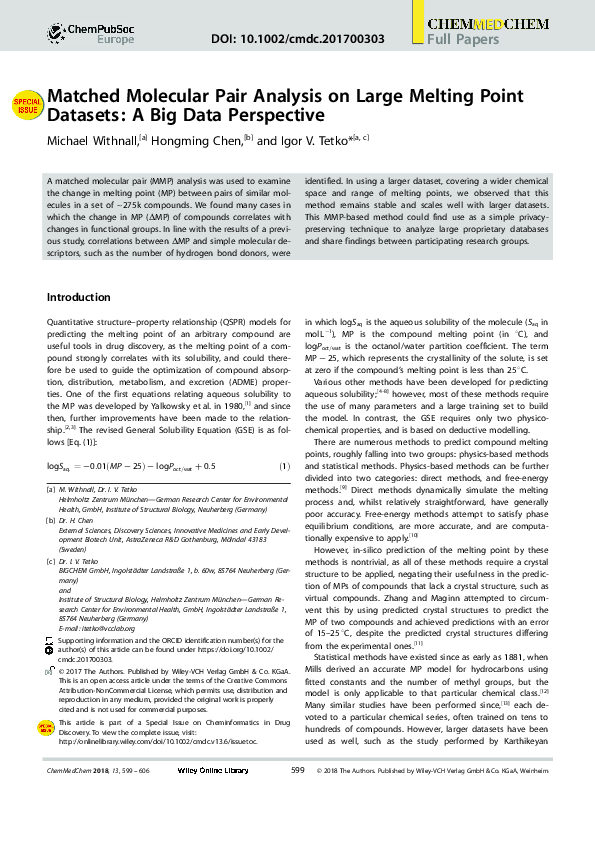 (PDF) Matched Molecular Pair Analysis on Large Melting Point Datasets ...