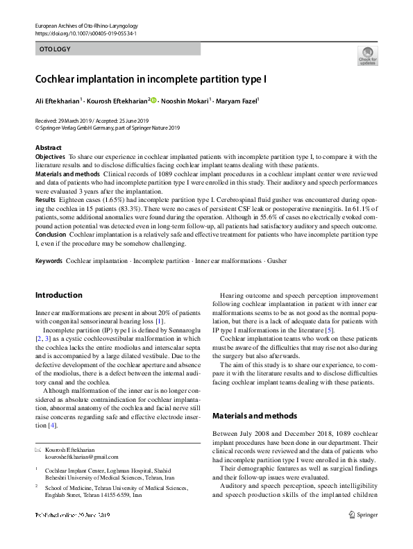 (PDF) Cochlear implantation in incomplete partition type I