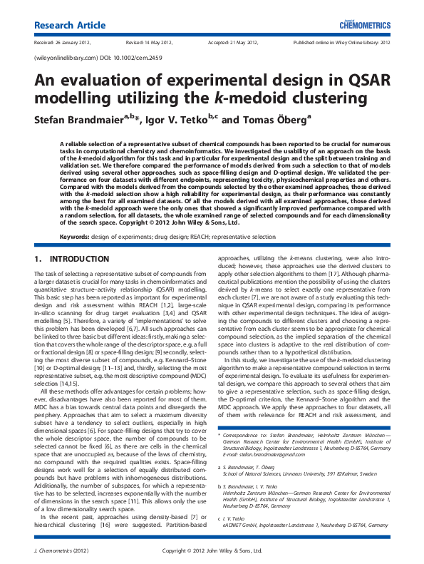 (PDF) An evaluation of experimental design in QSAR modelling utilizing the k -medoid clustering