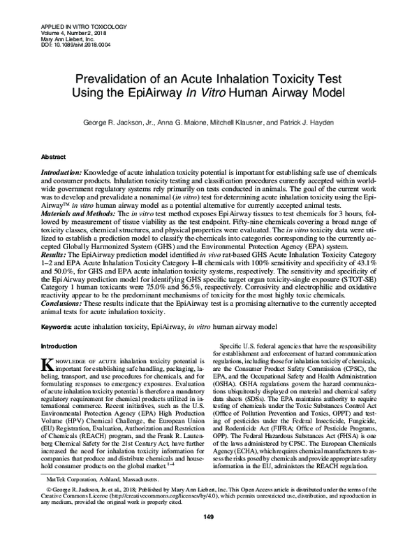 (PDF) Prevalidation of an Acute Inhalation Toxicity Test Using the ...