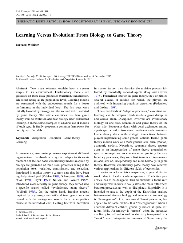 (PDF) Learning Versus Evolution: From Biology to Game Theory