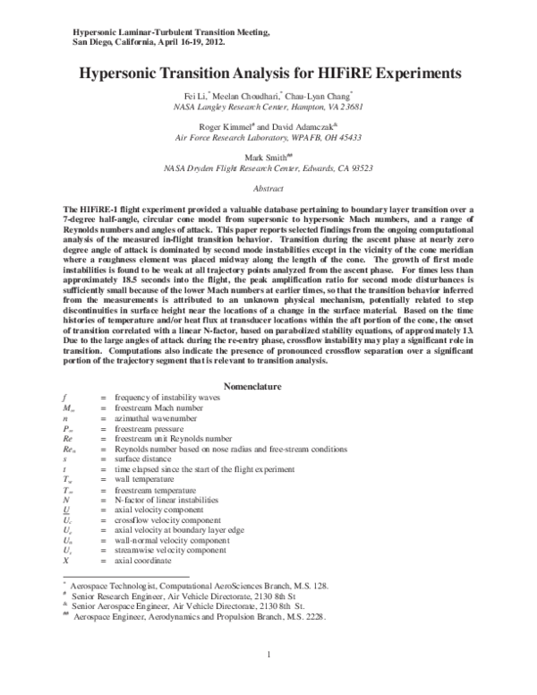 (PDF) Hypersonic Transition Analysis for HIFiRE Experiments