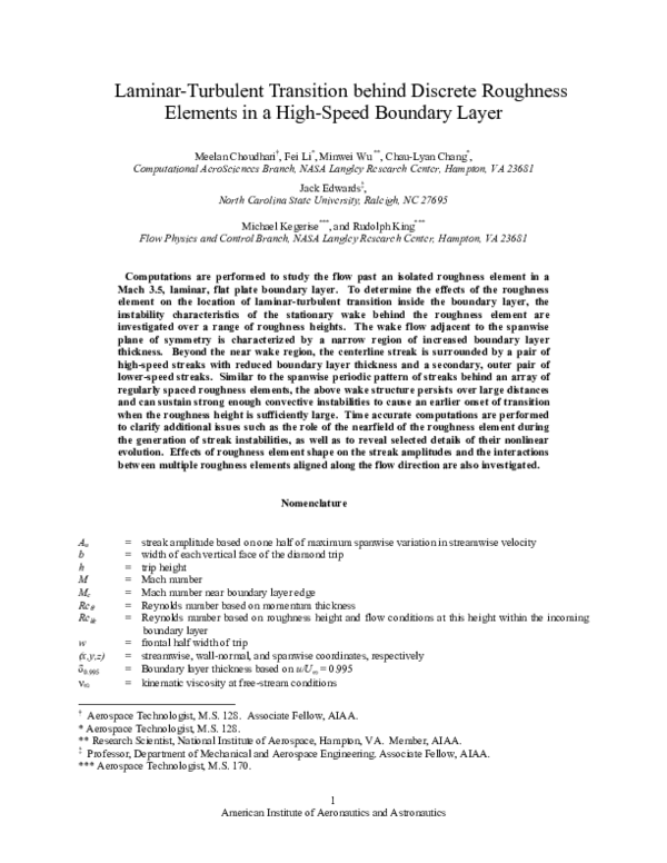 (PDF) LLaminar-Turbulent Transition behind Discrete Roughness Elements in a High-Speed Boundary ...