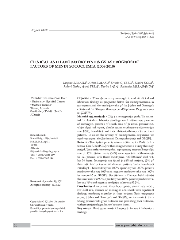 (PDF) Clinical and Laboratory Findings as Prognostic Factors Of Meningococcemia (2006-2010)