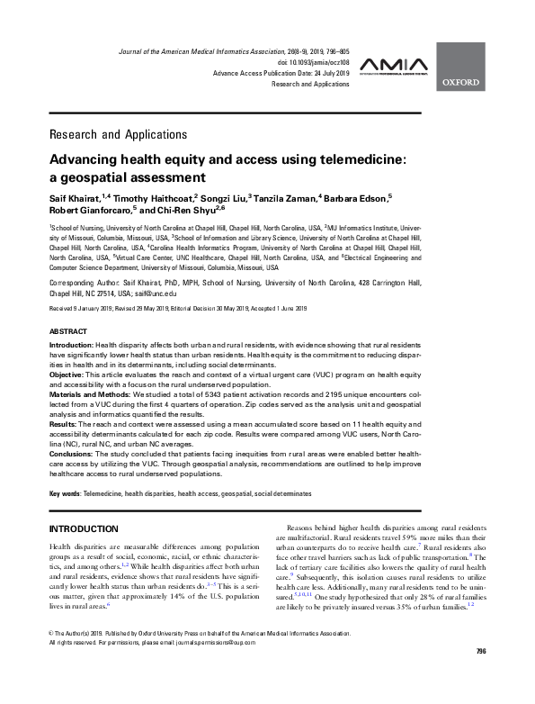 (PDF) Advancing health equity and access using telemedicine: a ...