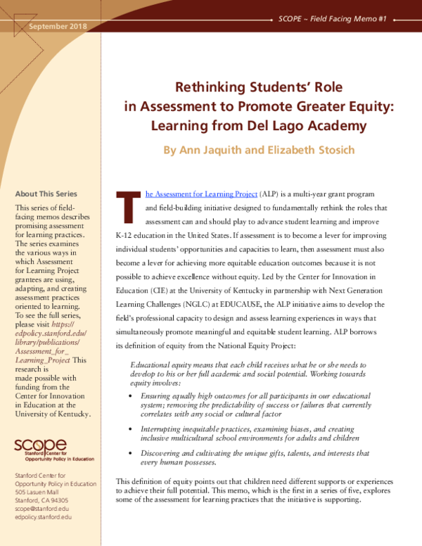(PDF) Rethinking Students' Role in Assessment to Promote Greater Equity: Learning from Del Lago ...