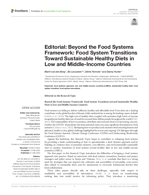 (PDF) Editorial: Beyond the Food Systems Framework: Food System ...