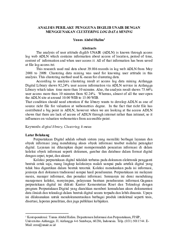 (PDF) Analisis Perilaku Pengguna Digilib Unair dengan Menggunakan Clustering Log Data Mining