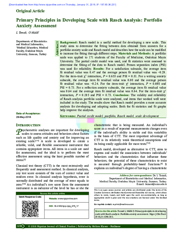 (PDF) Primary principles in developing scale with Rasch analysis: Portfolio anxiety assessment